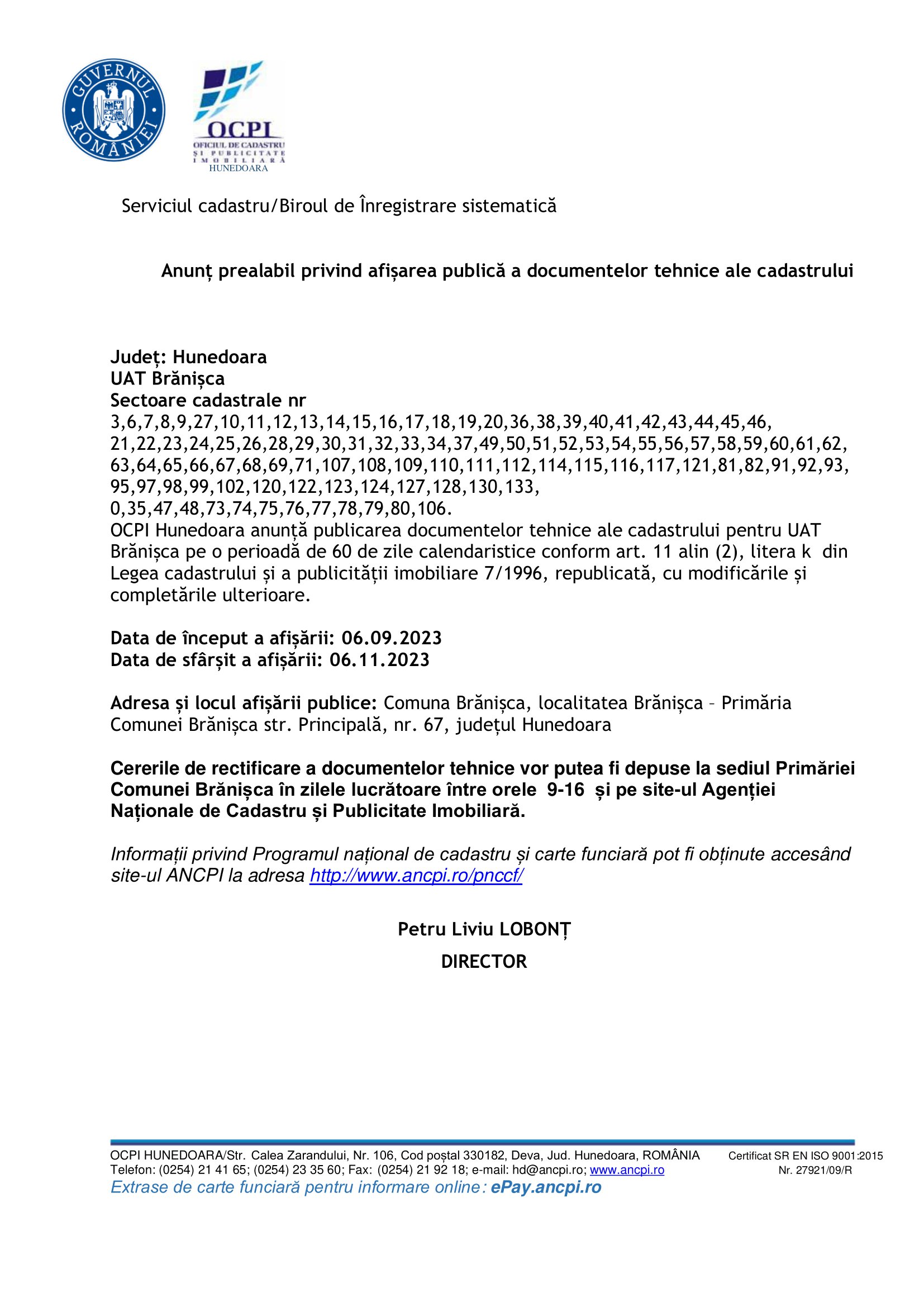 Anunț – afișarea publică a documentelor tehnice ale cadastrului – OCPI ...